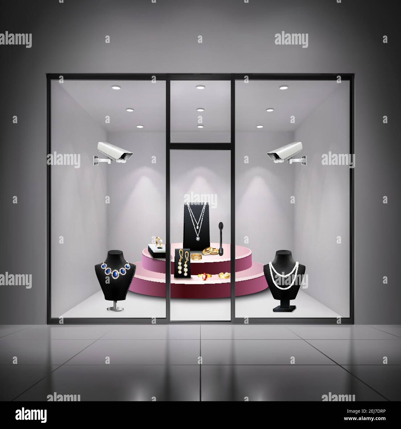 Two surveillance cameras in jewellery shop window realistic background ...