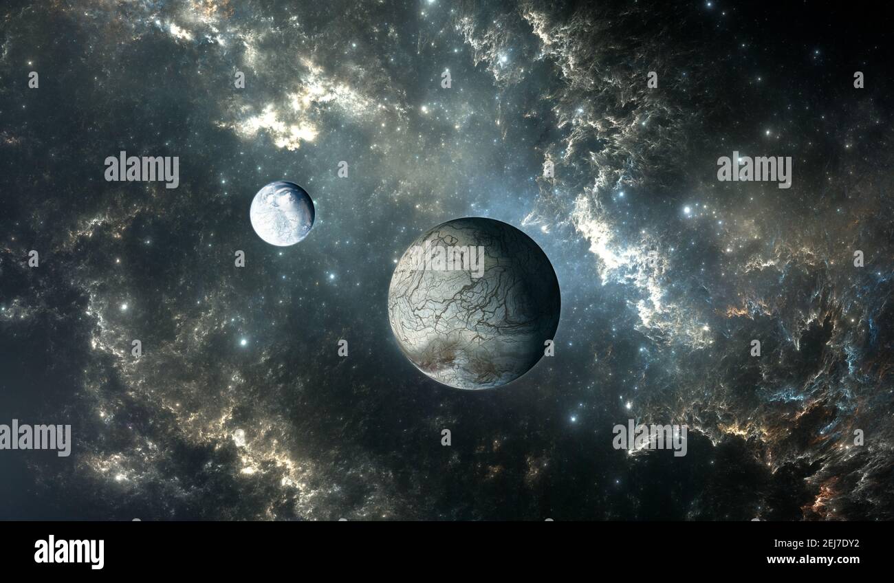 Icy moon of extrasolar planet with stars on nebula background, 3D ...