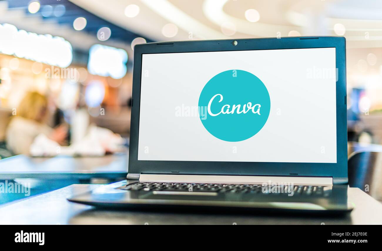 POZNAN, POL - SEP 23, 2020: Laptop computer displaying logo of Canva, a ...