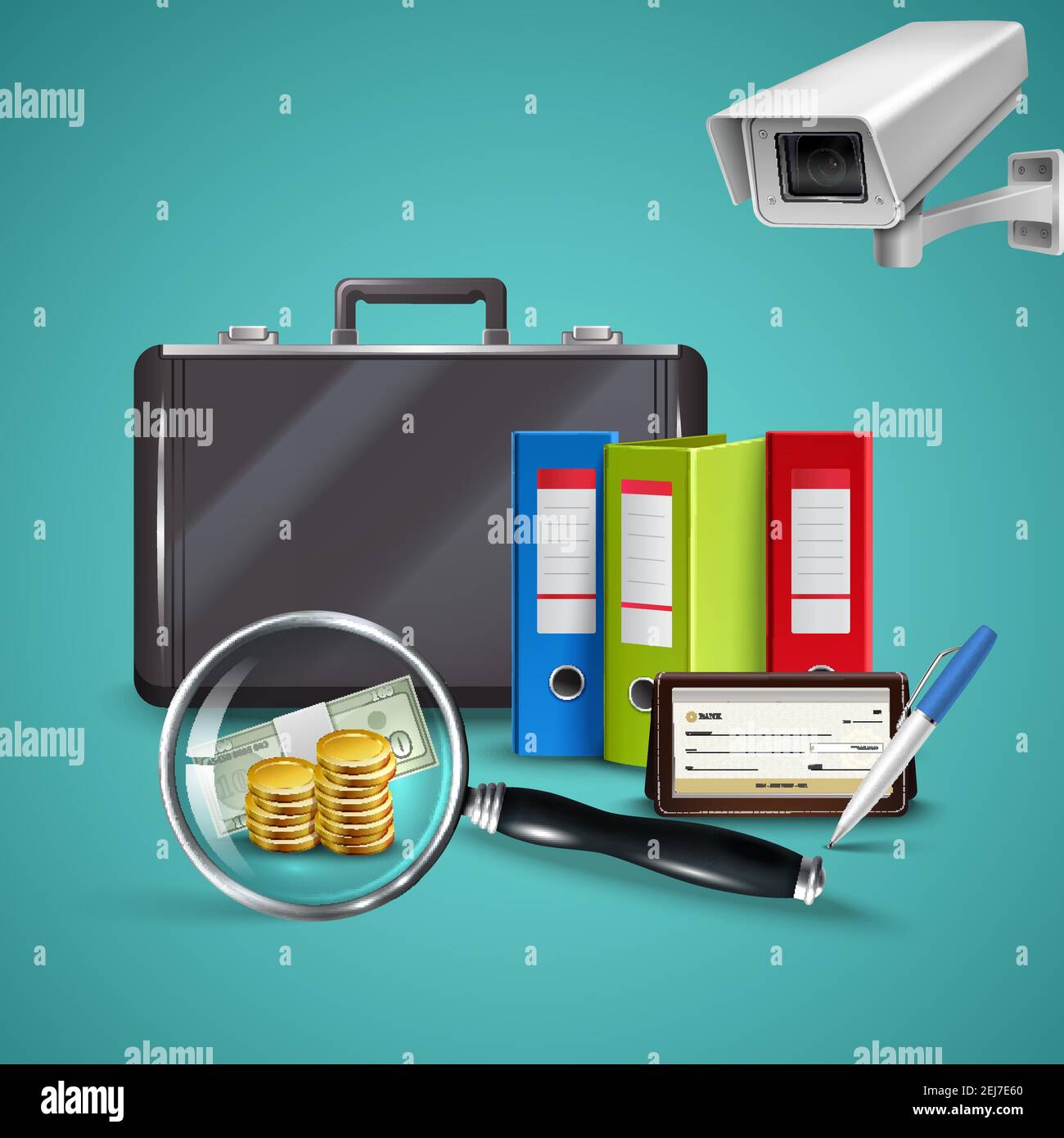 Business realistic concept with various objects in office of book ...