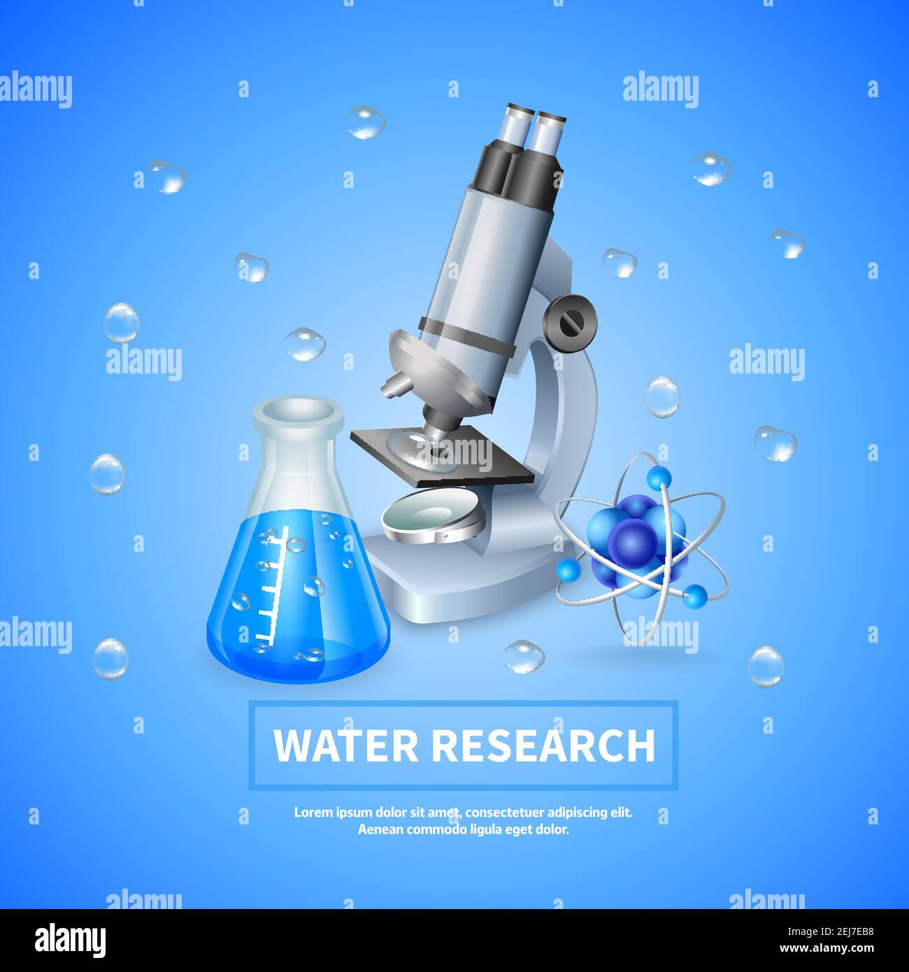 Water research blue background with water drops microscope chemical lab ...