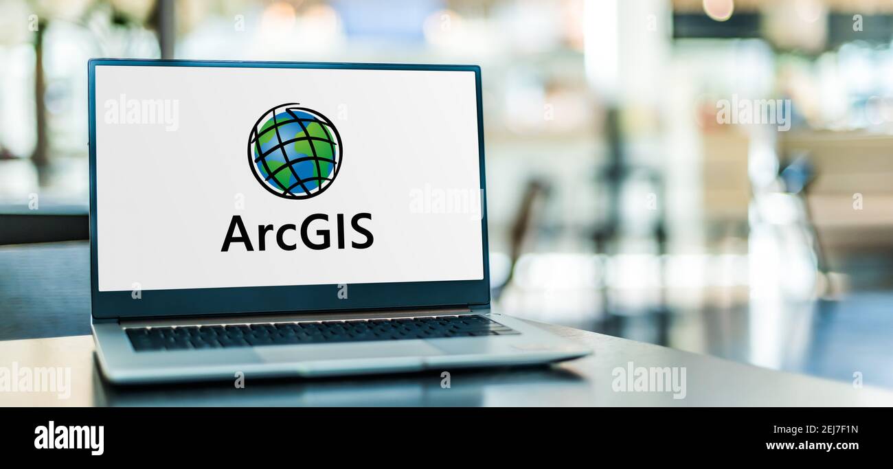 POZNAN, POL - NOV 12, 2020: Laptop computer displaying logo of ArcGIS ...