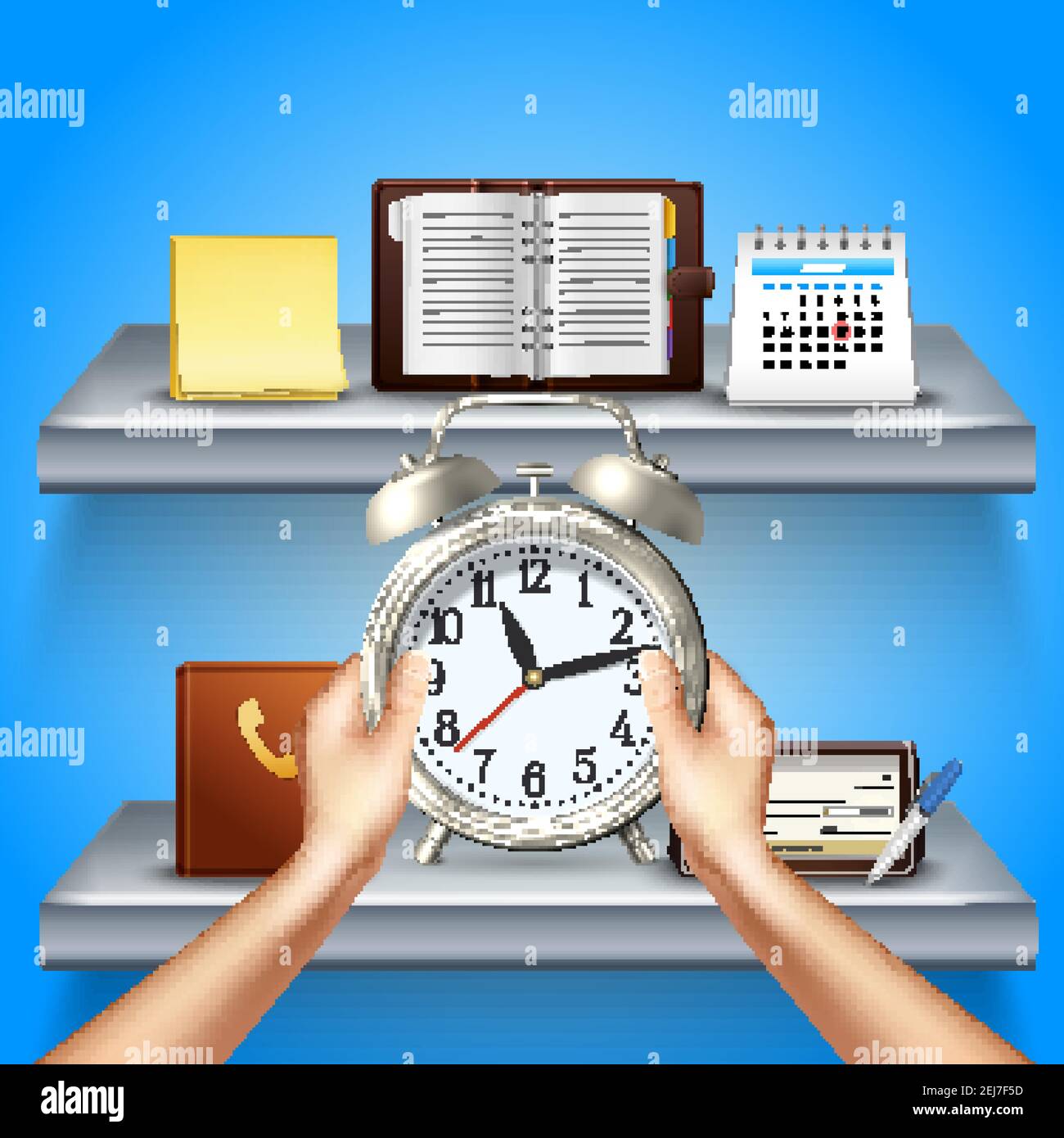 Time management realistic 3d composition with alarm clock in hands and ...