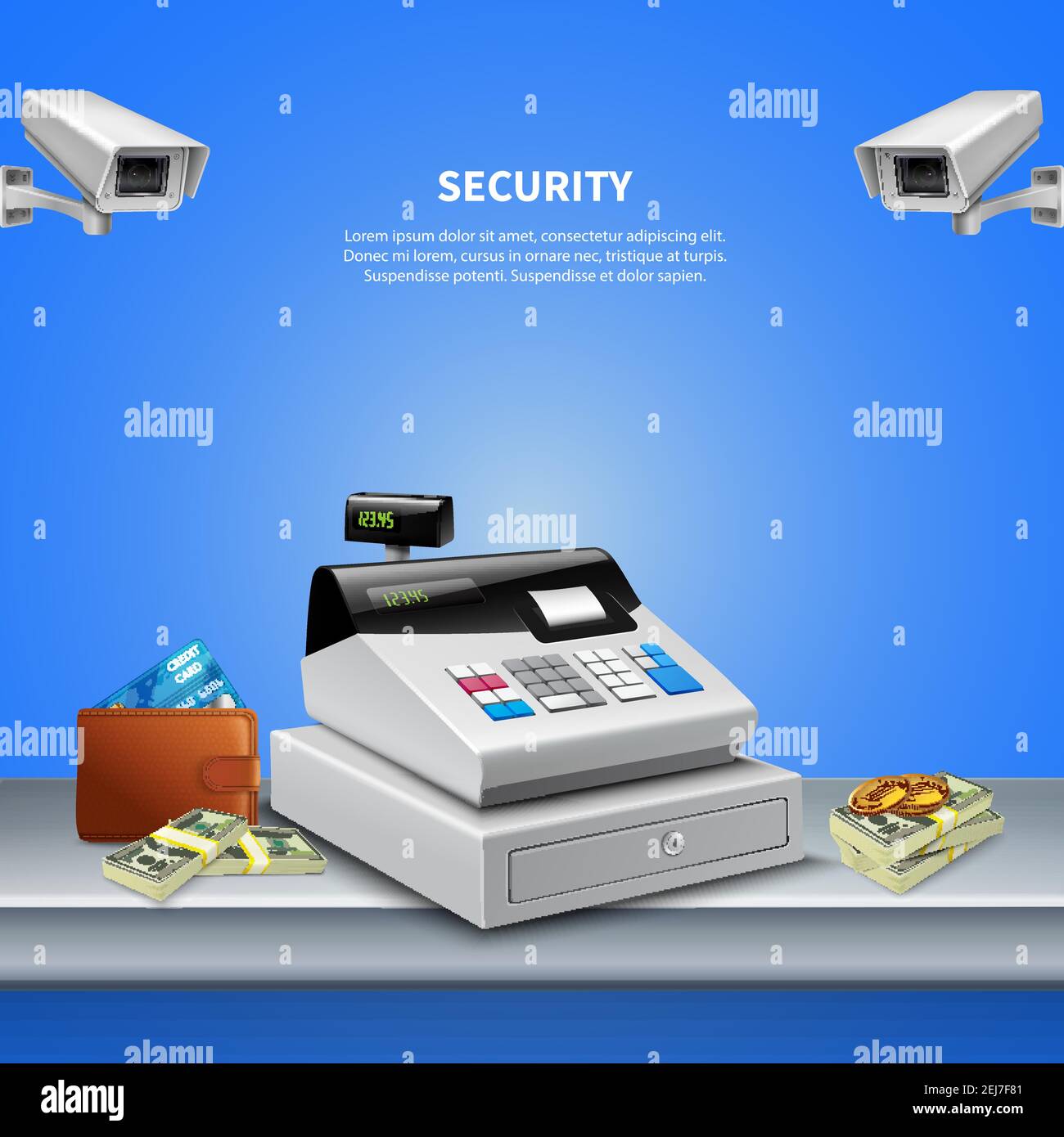 Realistic background with two surveillance cameras cash register ...