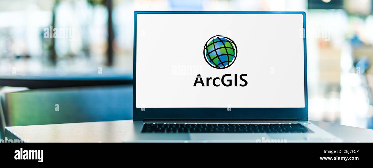 POZNAN, POL - NOV 12, 2020: Laptop computer displaying logo of ArcGIS ...