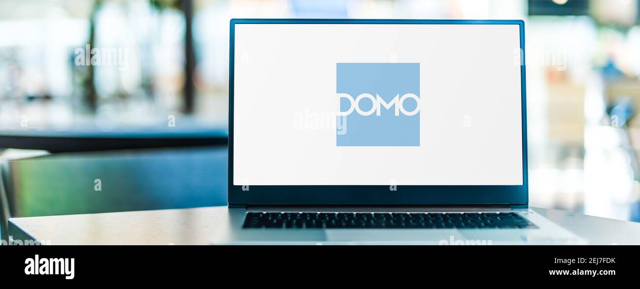 POZNAN, POL - NOV 12, 2020: Laptop computer displaying logo of Domo, a ...