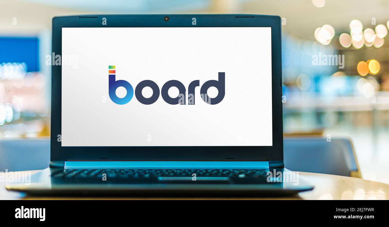 POZNAN, POL - NOV 12, 2020: Laptop computer displaying logo of Board ...