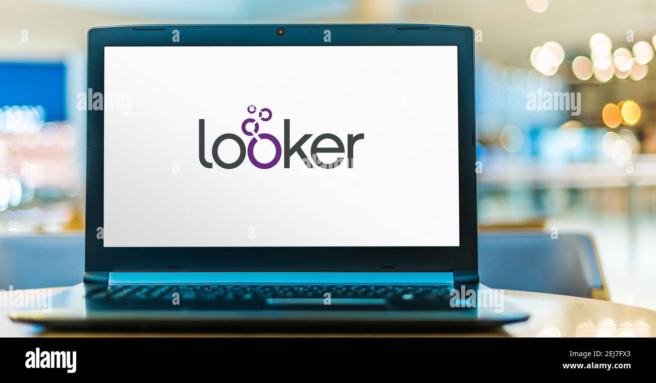 POZNAN, POL - NOV 12, 2020: Laptop computer displaying logo of Looker ...