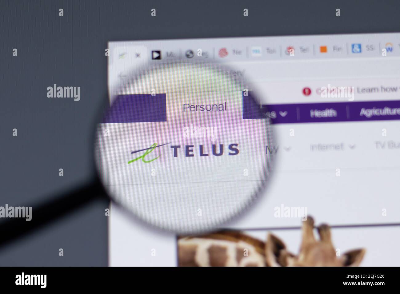 New York, USA - 17 February 2021: TELUS logo close up on website page ...