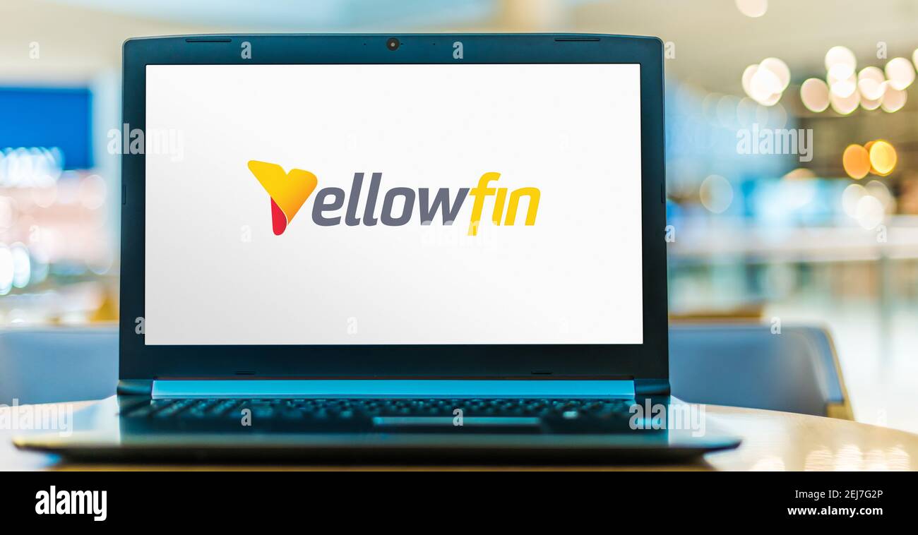 POZNAN, POL - NOV 12, 2020: Laptop computer displaying logo of Yellowfin, a Business ...