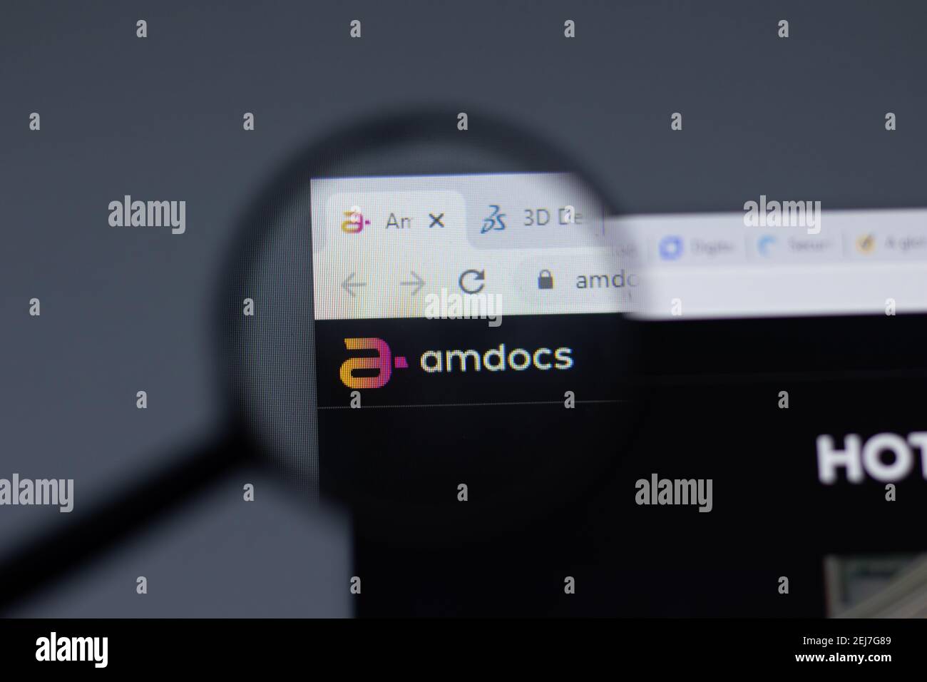 New York, USA - 17 February 2021: Amdocs logo close up on website page ...