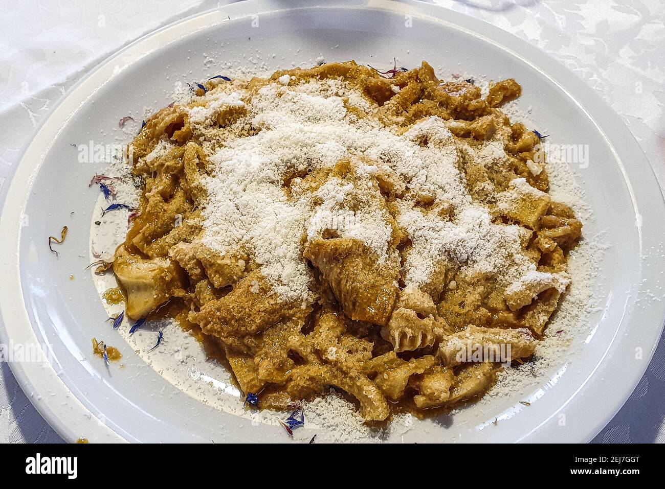 Closeup of a freshly made traditional Italian Trippa dish covered in ...