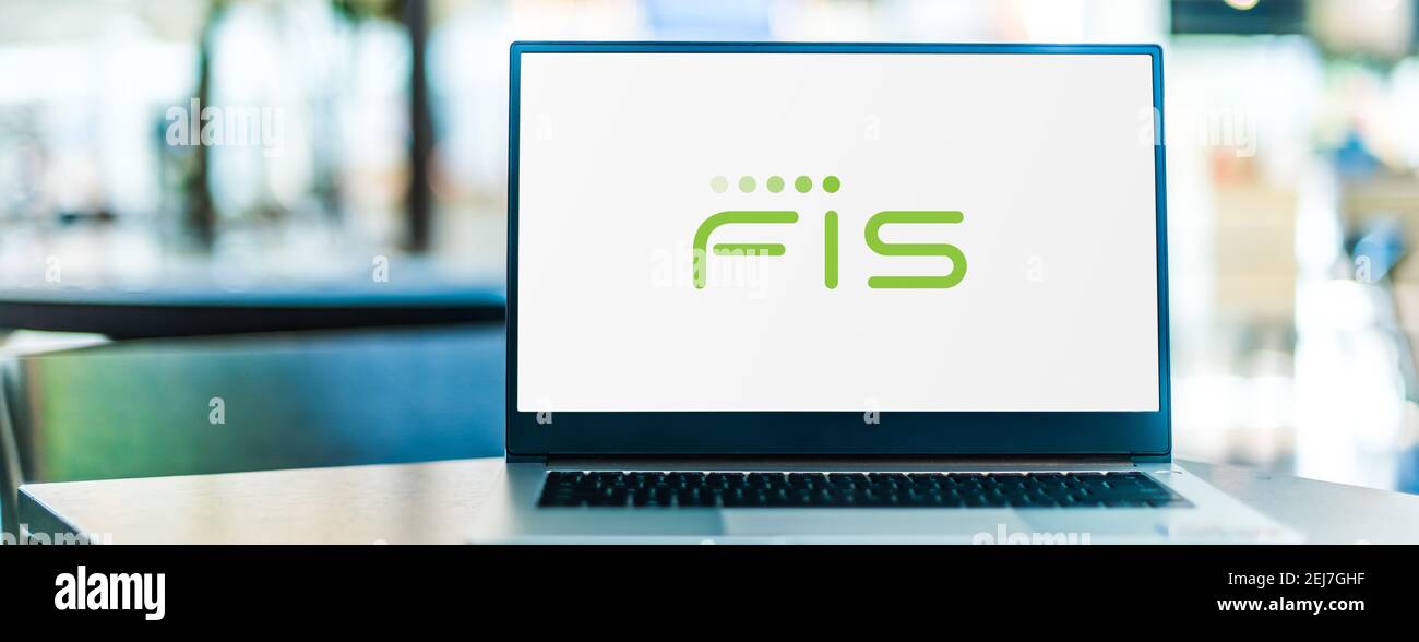 POZNAN, POL - NOV 12, 2020: Laptop computer displaying logo of FIS an ...