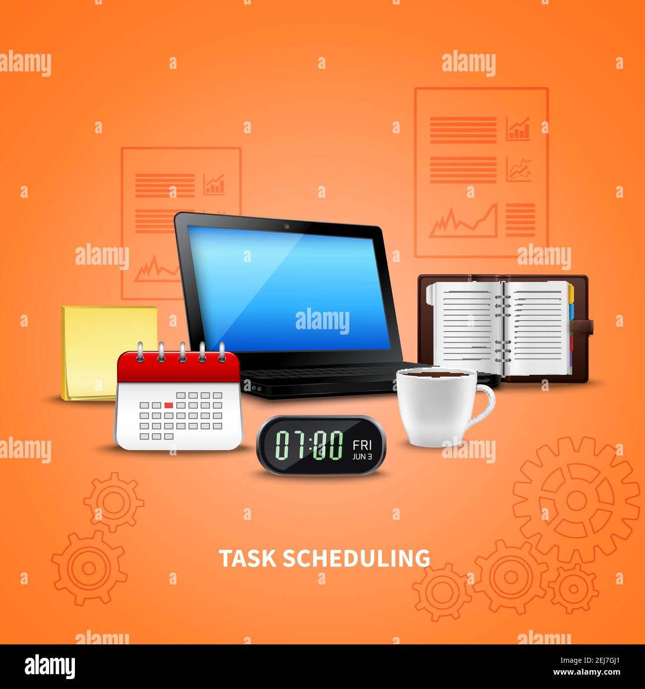 Orange time management realistic with task scheduling headline and ...
