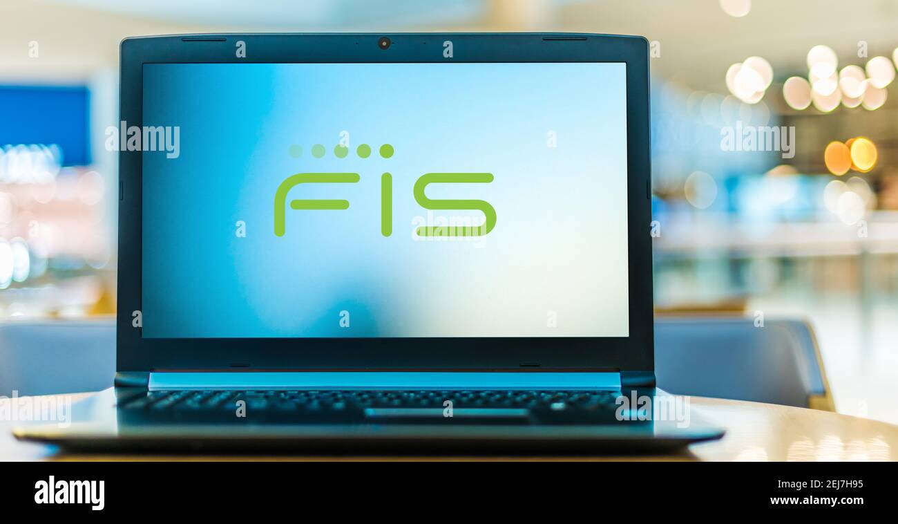 POZNAN, POL - NOV 12, 2020: Laptop computer displaying logo of FIS an ...
