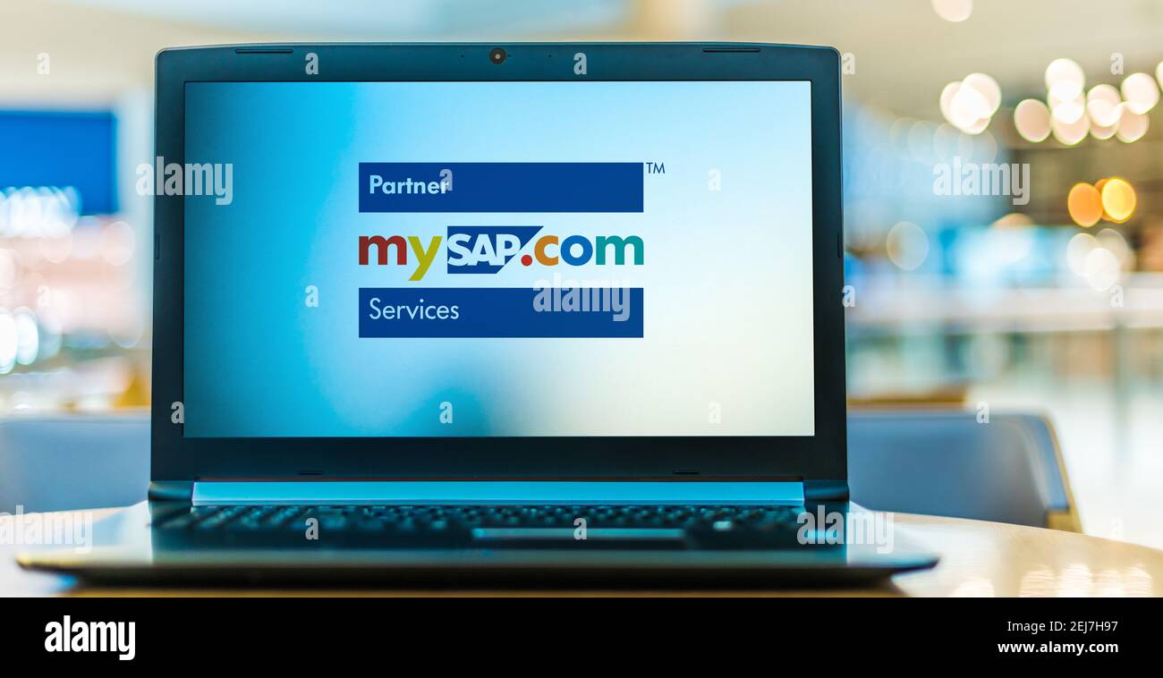 POZNAN, POL - NOV 12, 2020: Computer displaying logo of MySAP.com, an ...