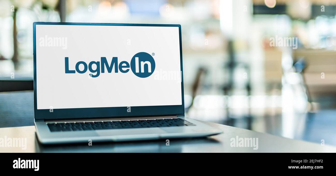 POZNAN, POL - NOV 12, 2020: Laptop computer displaying logo of LogMeIn ...