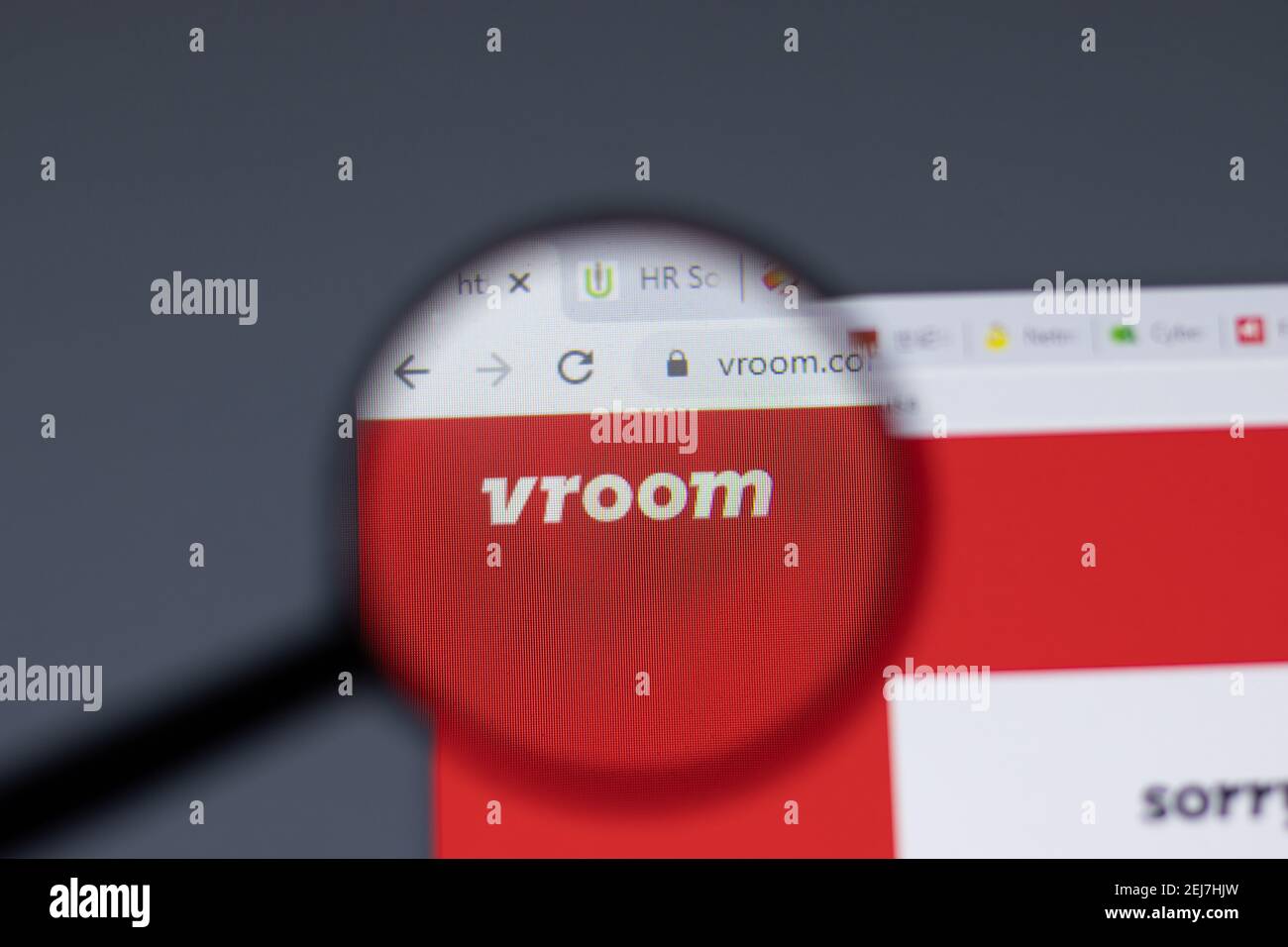 New York, USA - 17 February 2021: Vroom logo close up on website page ...