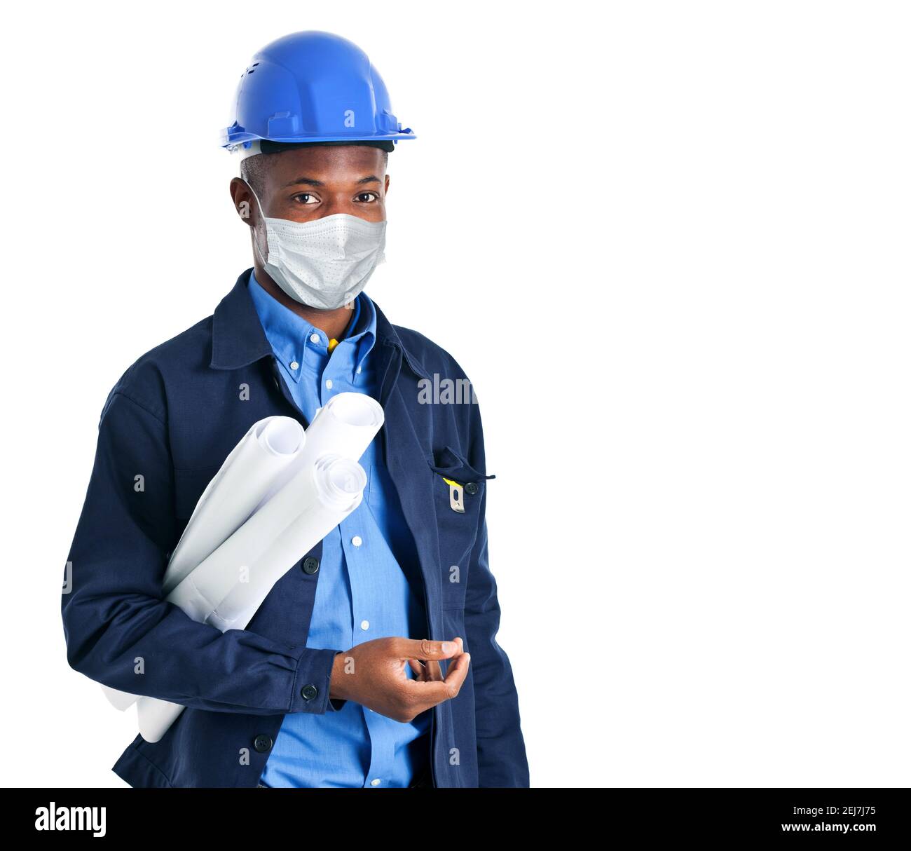 African masked architect portrait isolated on white, covid coronavirus ...