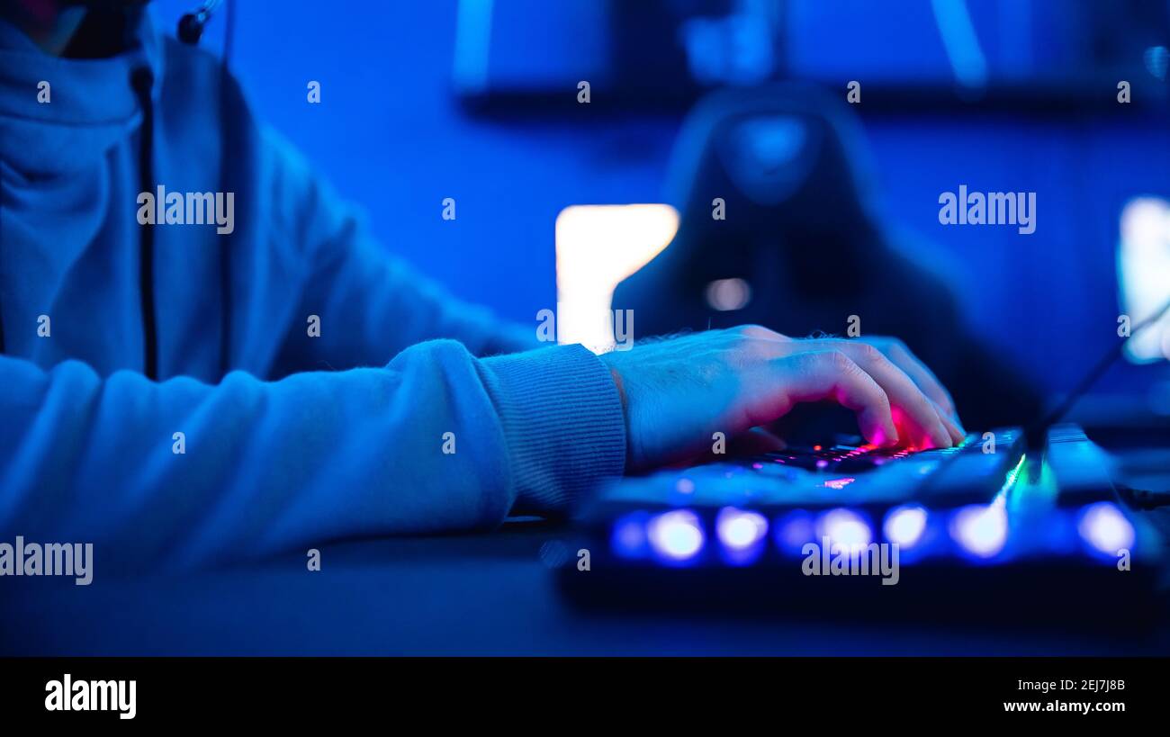 Professional cyber video gamer studio room with personal computer ...