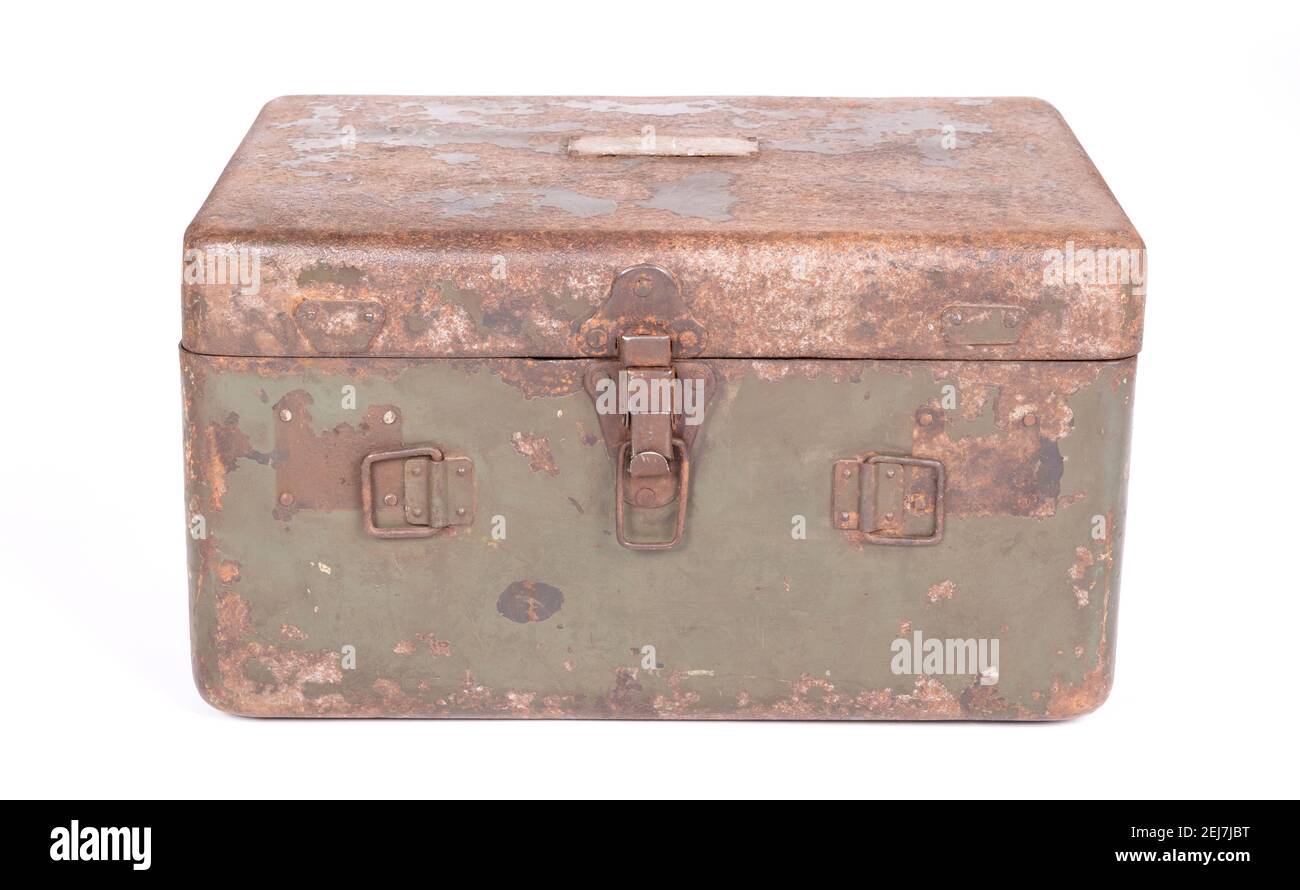 Old rusted green army case, isolated on white Stock Photo - Alamy