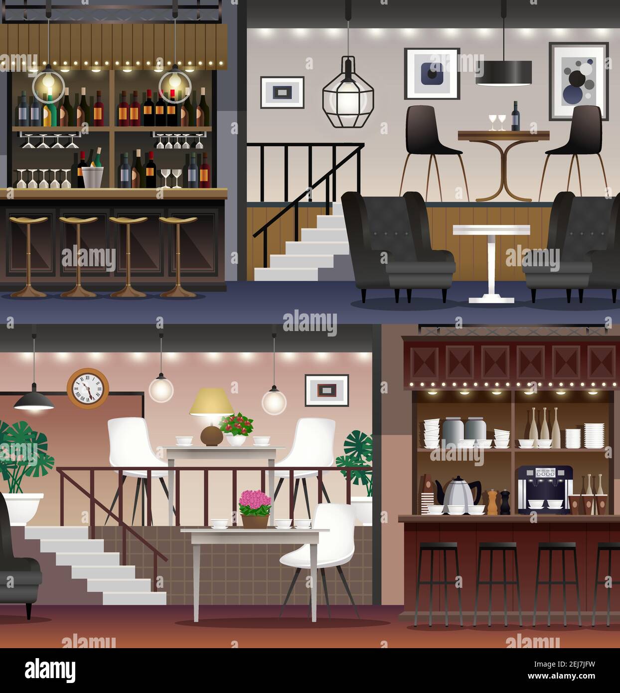 Coffee shop restaurant cafe bar interior realistic banners set with ...