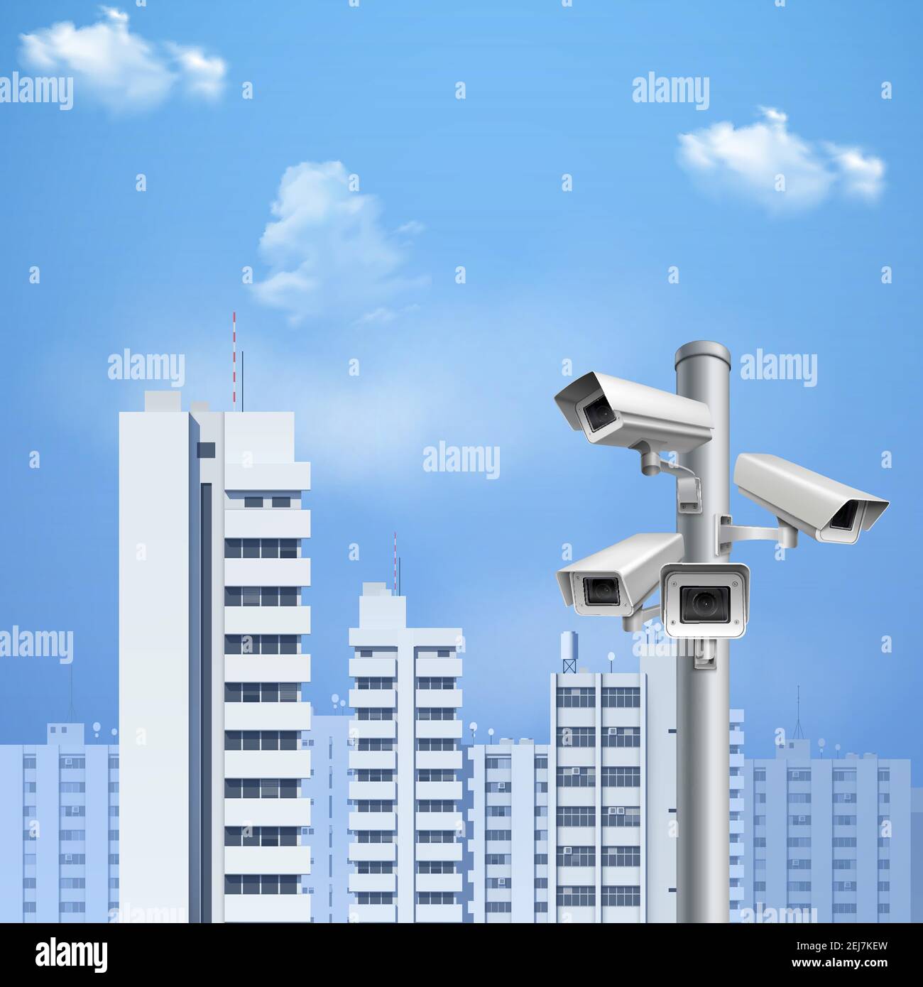 Security system surveillance cameras on background with cityscape and ...