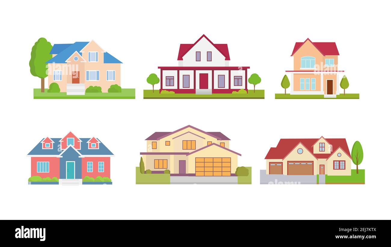 Set flat icons of houses and buildings isolated on white. Vector ...