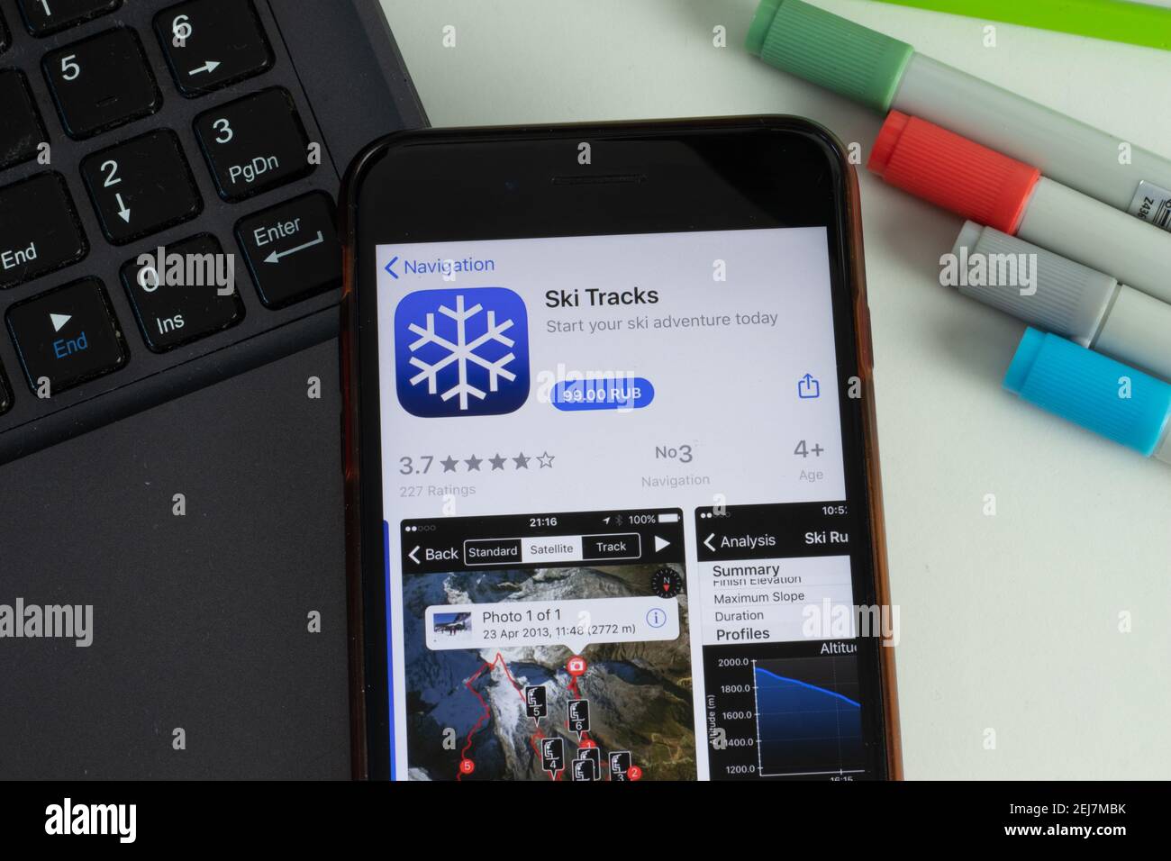 New York, USA - 17 February 2021: Ski Tracks mobile app icon on phone screen, Illustrative ...