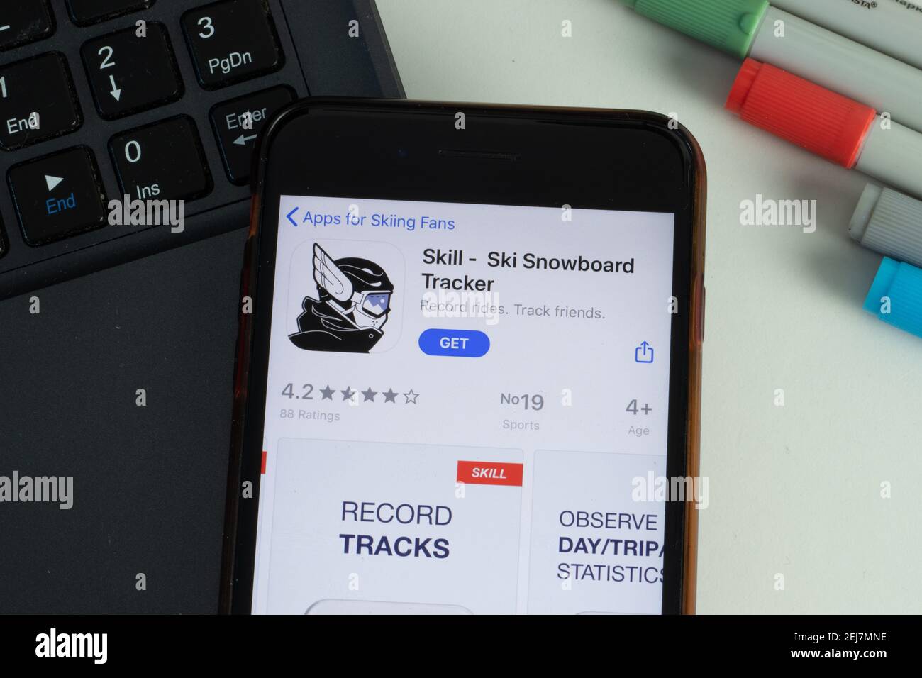 New York, USA - 17 February 2021: Skill Ski Snowboard Tracker mobile app icon on phone screen ...