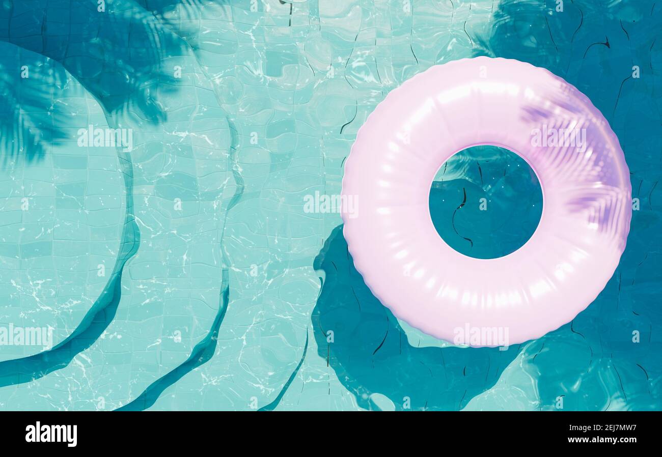 blue bottom pool with round stairs seen from above with a pink float ...