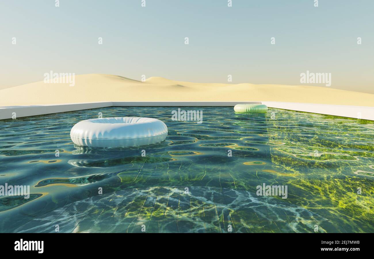 green background pool in a dune desert with clear sky and floats in the ...