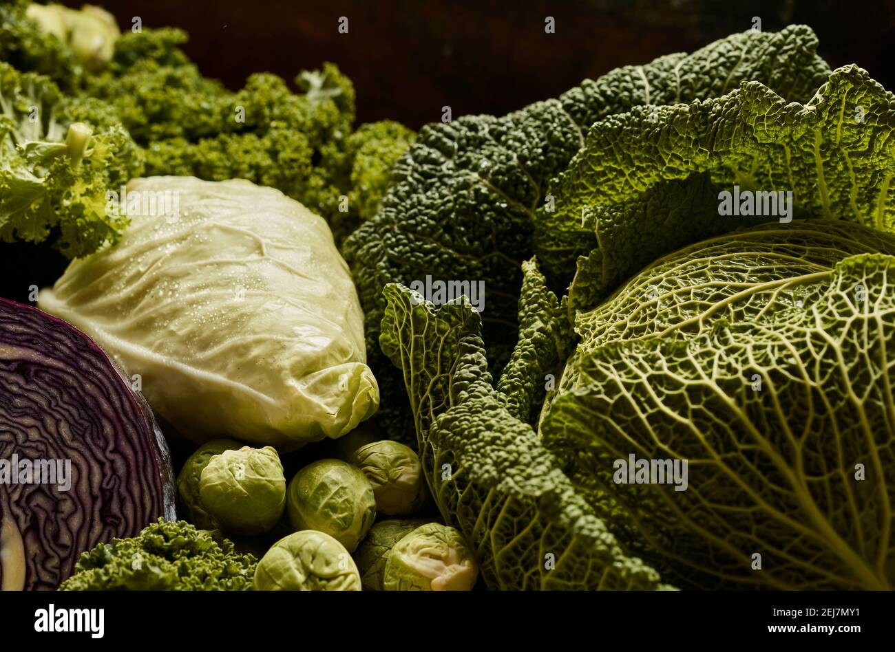 High angle of various sorts of ripe clean cabbages on dark background ...