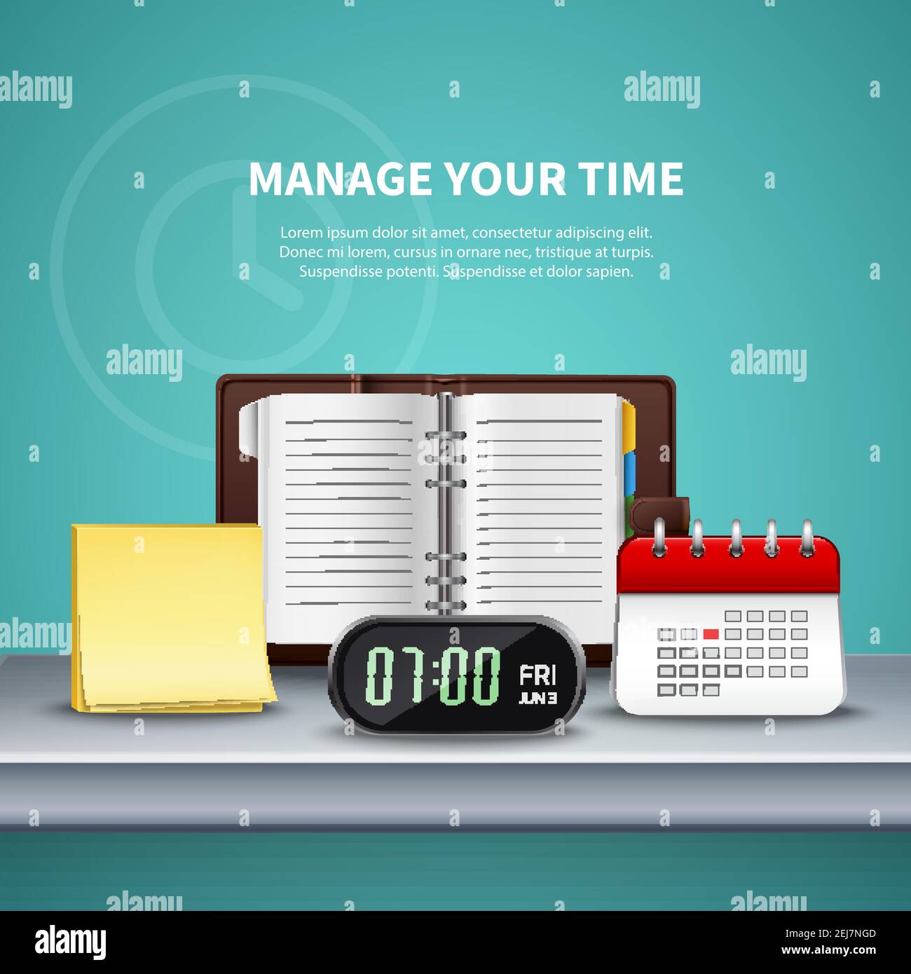 Time management realistic colored composition with different elements ...