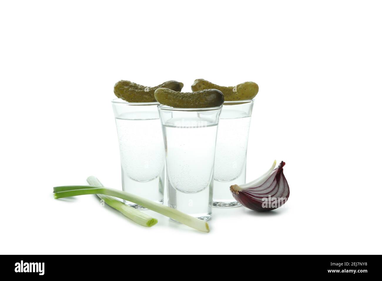 Shots of vodka and tasty snacks isolated on white background Stock ...