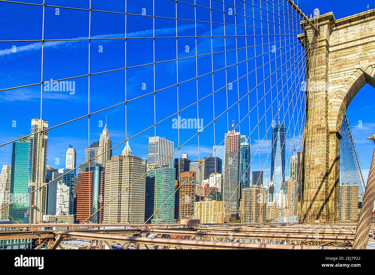 Cable-stayed Brooklyn bridge in New York City, Manhattan with high-rise ...