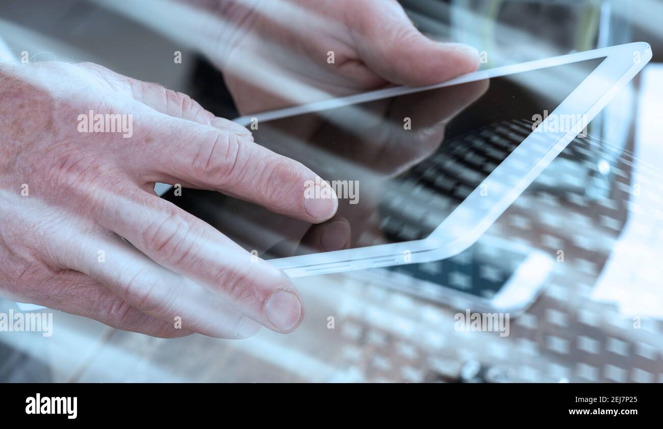 Finger touching digital tablet, light effect Stock Photo - Alamy