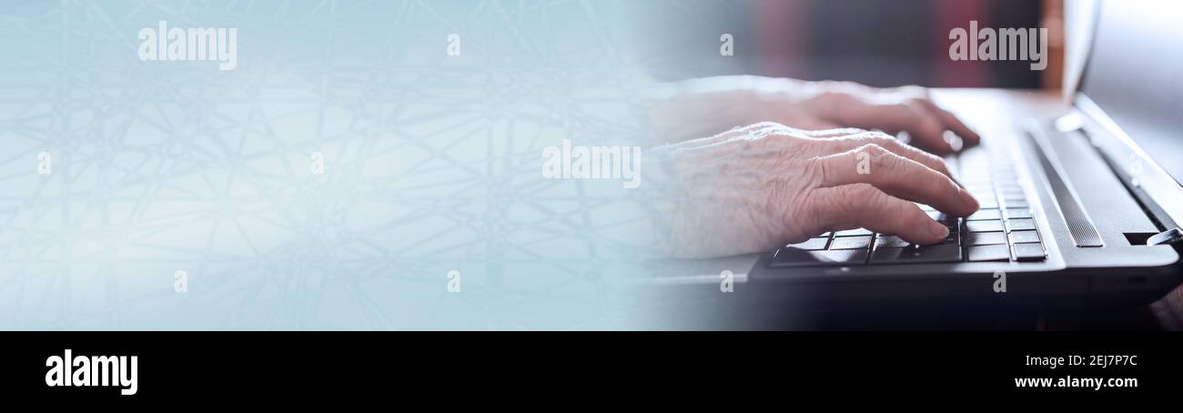 Old woman hands typing on a laptop keyboard. panoramic banner Stock ...