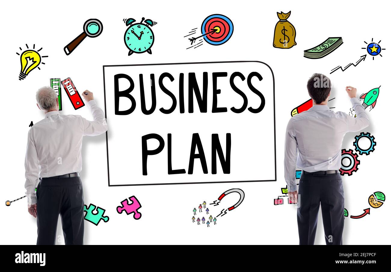 Business plan concept drawn on a white wall by businessmen Stock Photo ...
