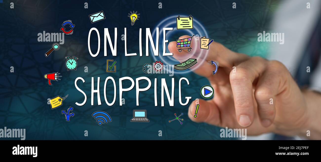 Man touching an online shopping concept on a touch screen with his ...