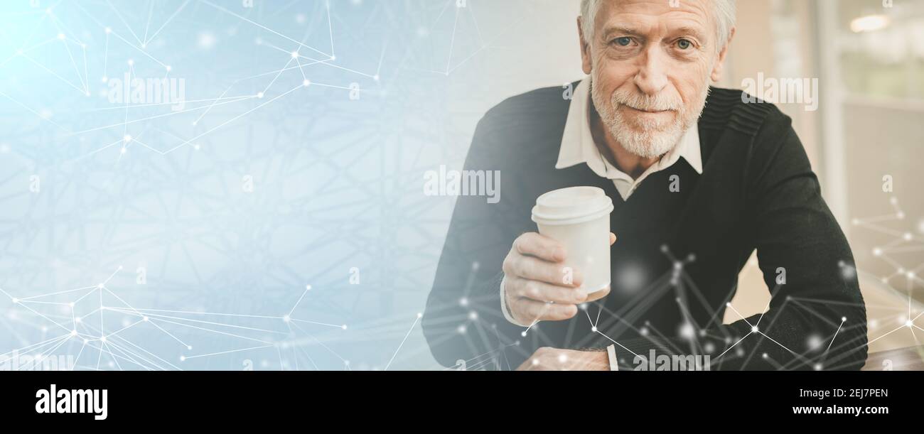 Man having coffee break at home; panoramic banner Stock Photo - Alamy