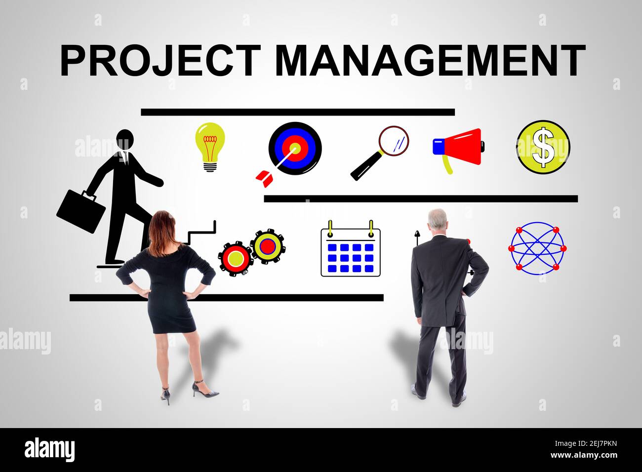 Project management concept drawn on a wall watched by business people ...