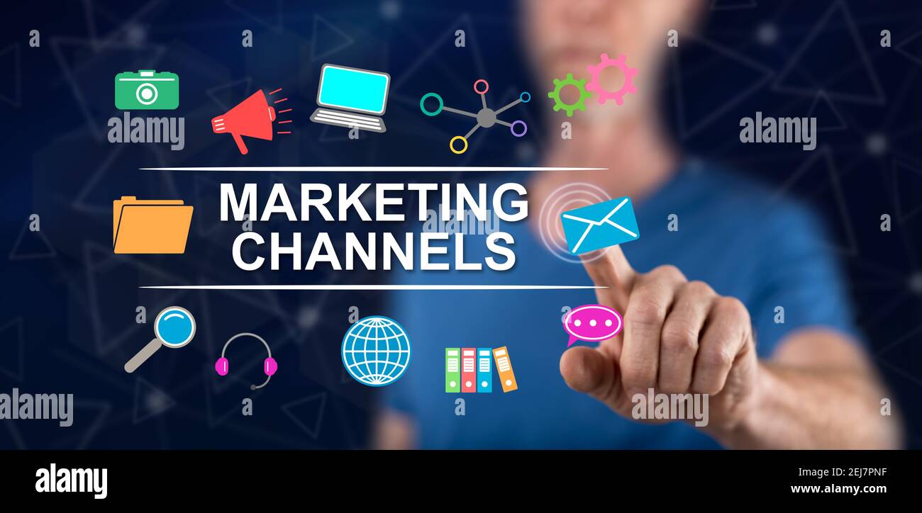 Man touching a marketing channels concept on a touch screen with his ...