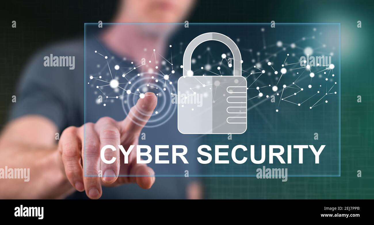 Man touching a cyber security concept on a touch screen with his finger ...