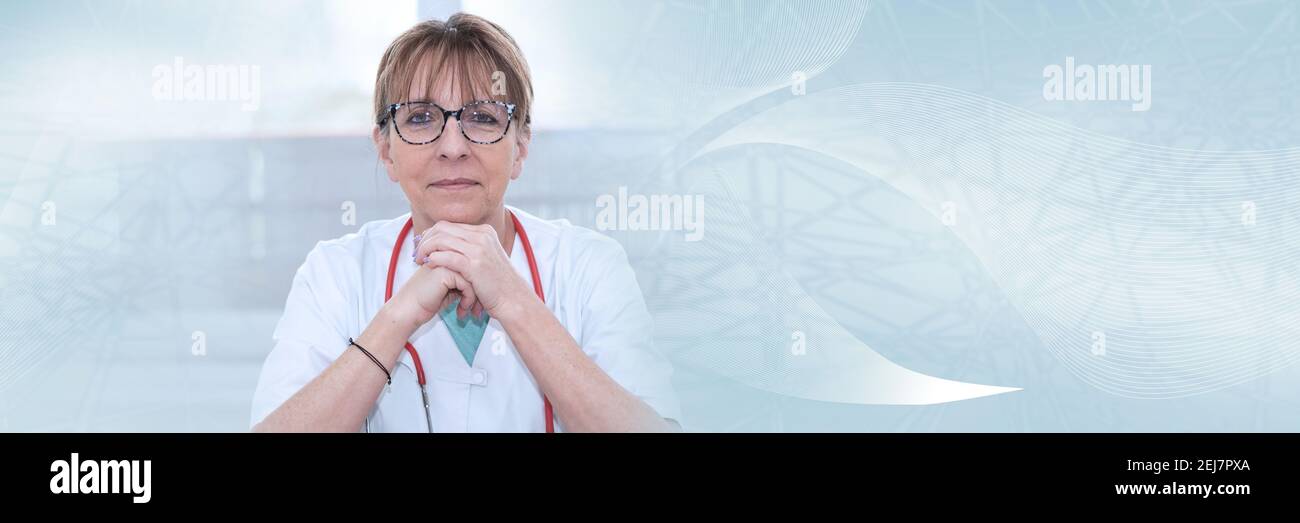 Portrait of female doctor sitting in medical office; panoramic banner ...