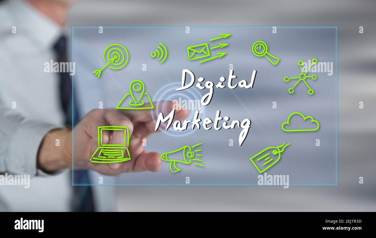 Man touching a digital marketing concept on a touch screen with his ...