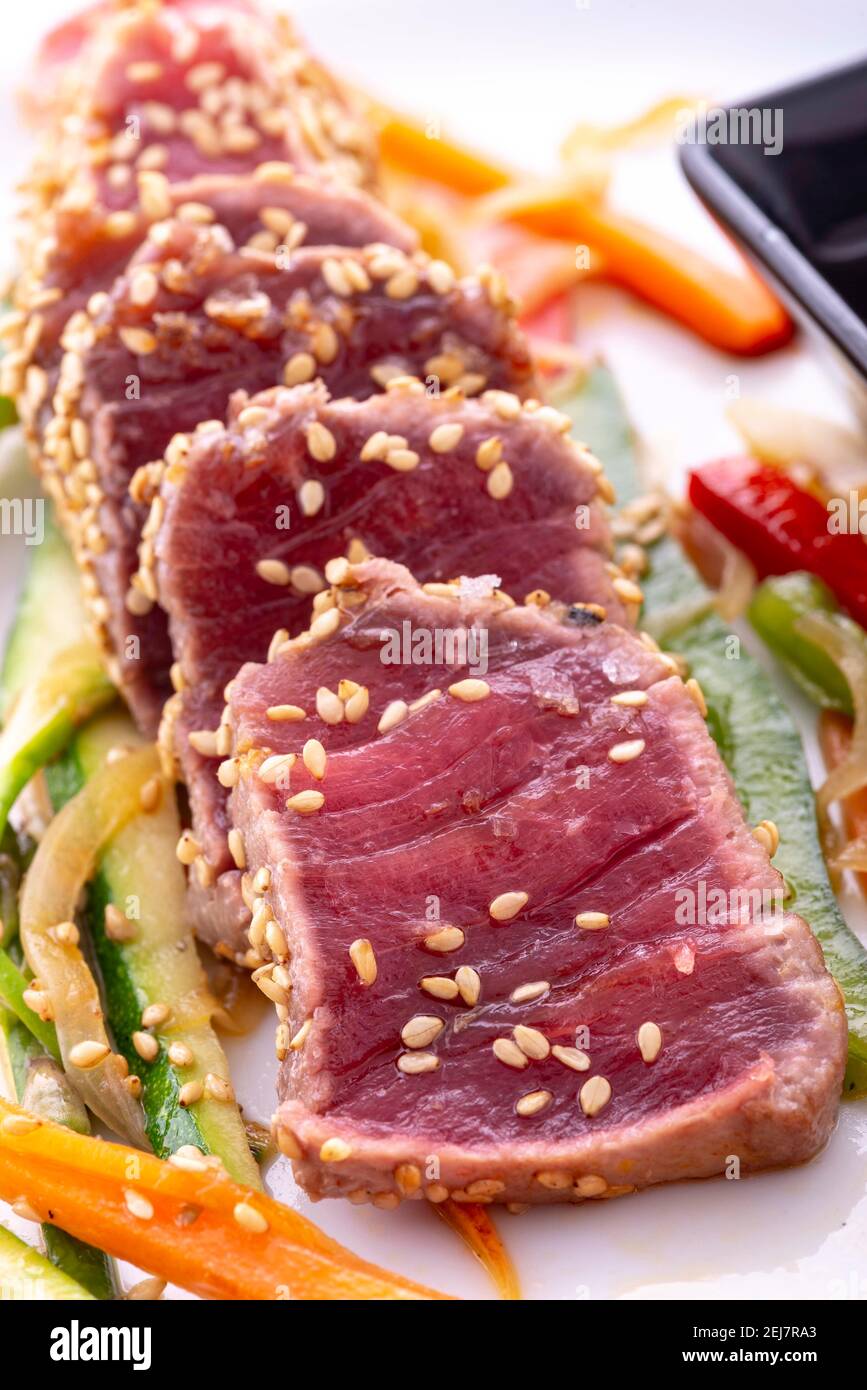 Teriyaki, typical Japanese dish of red tuna Stock Photo - Alamy