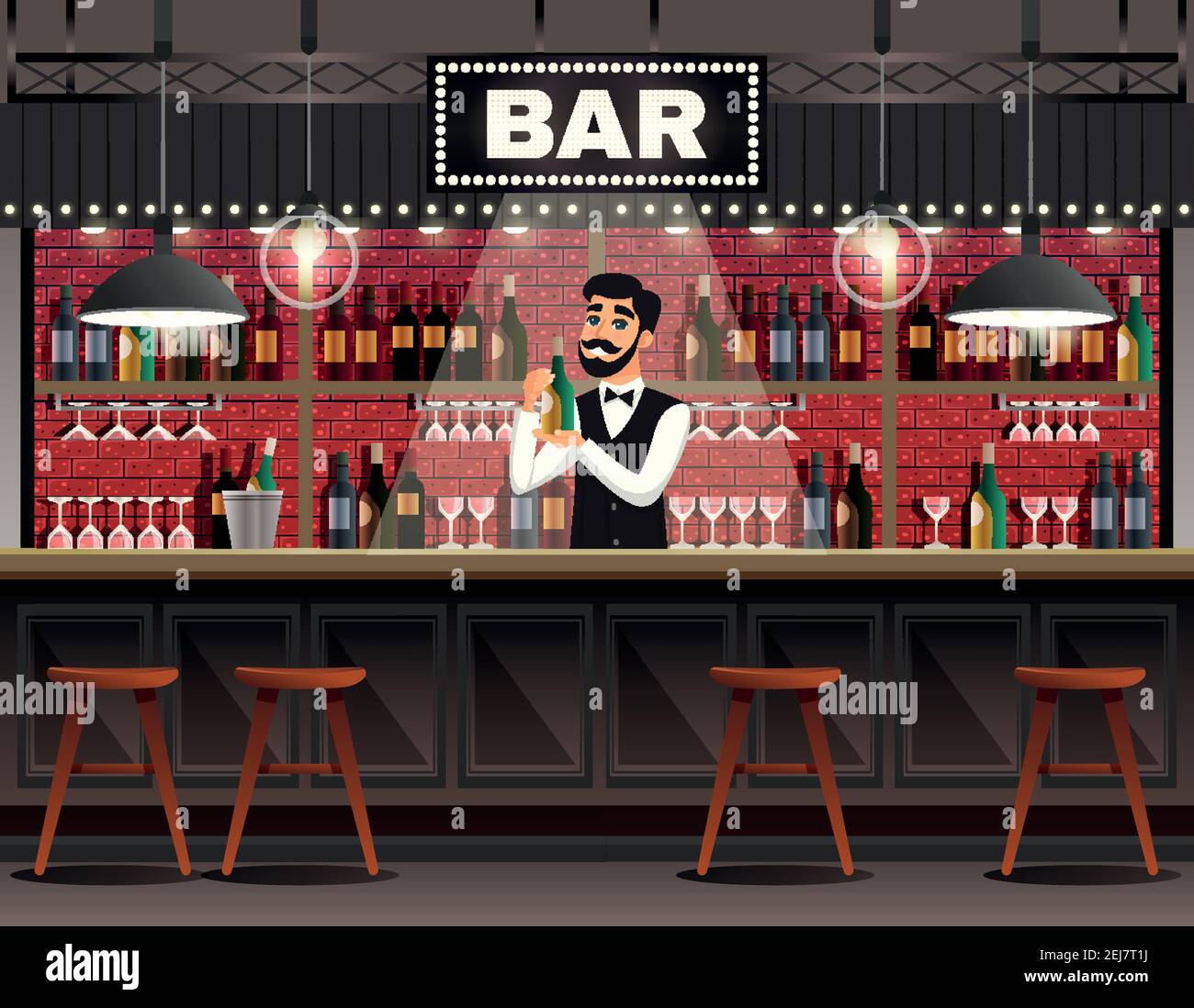 Cafe bar interior realistic composition with barman behind counter ...