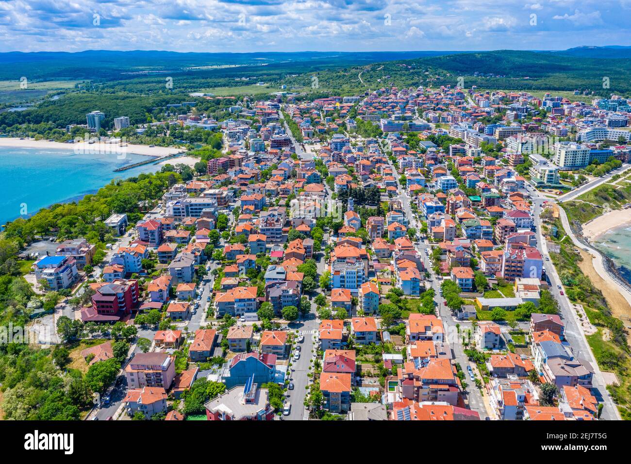 Aerial view of center of Bulgarian seaside town Primorsko Stock Photo ...