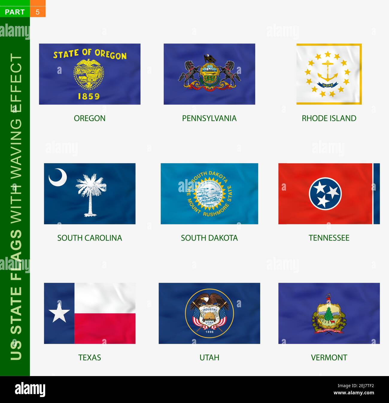 Set of US state flags with waving effect, national flag with texture ...